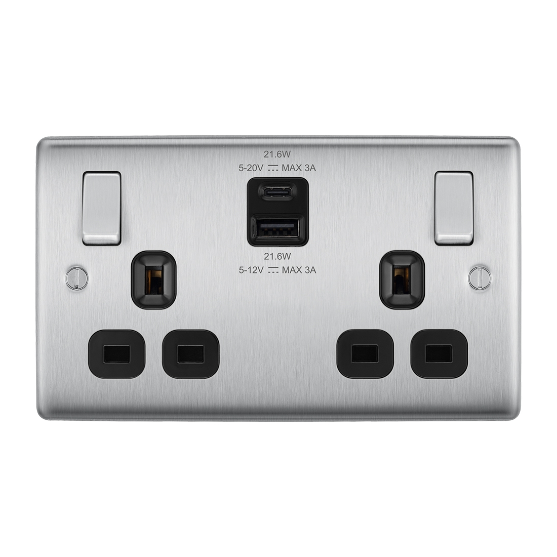 BG Electrical NBS22UAC22B Nexus Metal Brushed Steel 2 Gang Single Pole ...