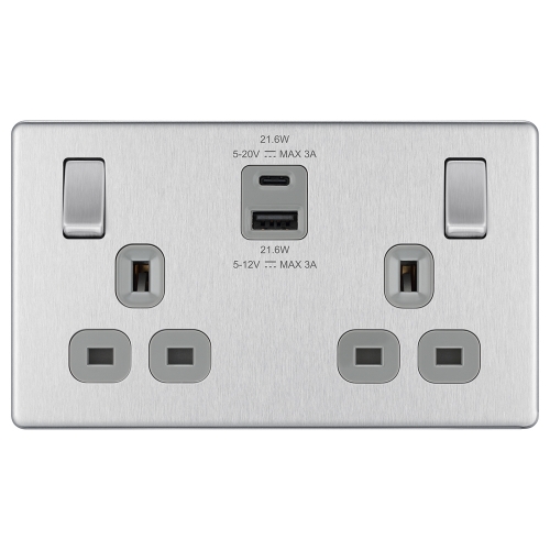 BG Electrical FBS22UAC22G Screwless Flatplate Brushed Steel 2 Gang ...