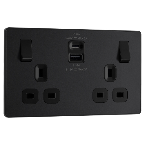 BG Electrical PCDMB22UAC22B Evolve Matt Black 13A 2 Gang Switched ...