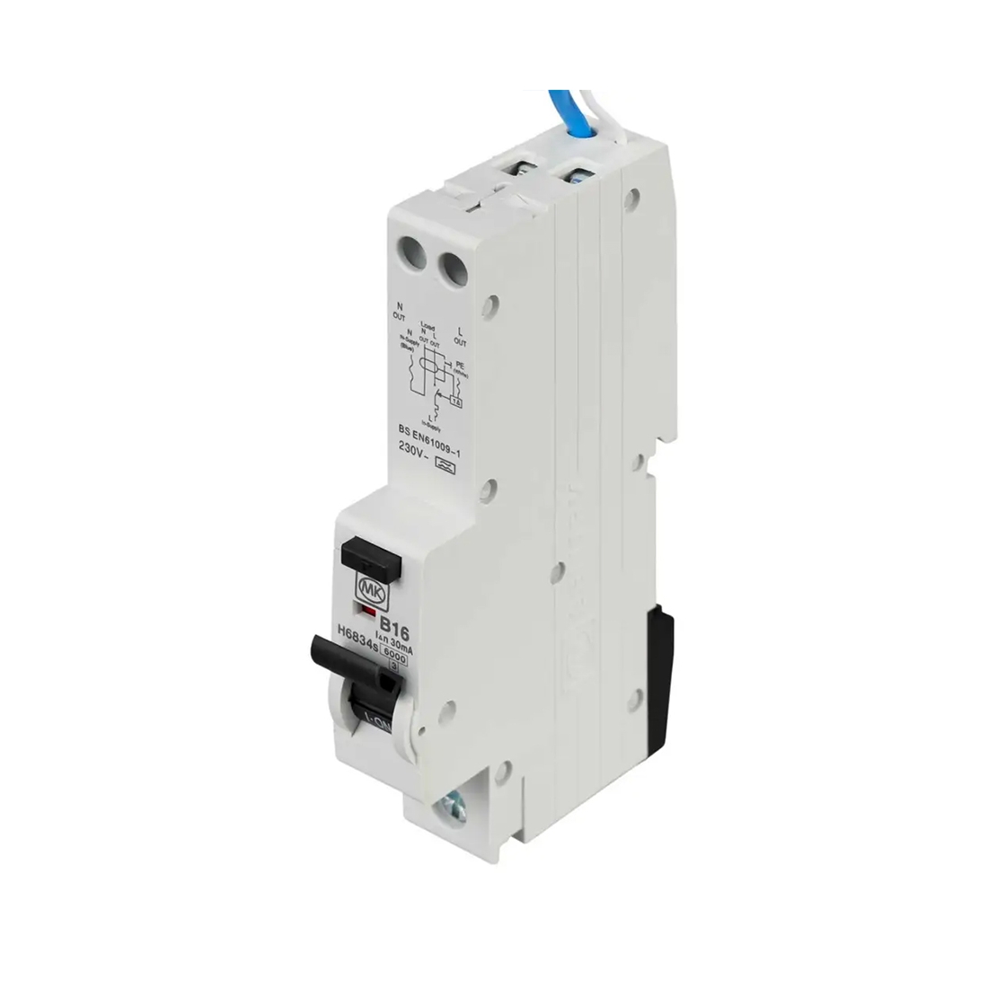 MK H6834s Sentry 1 Module 16A 6kA 30mA SP Type A B Curve RCBO - For Domestic Installations ...